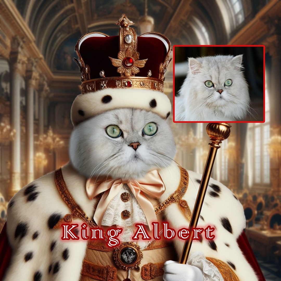 Custom Regal Pose King Albert the Cat Personalized White Persian Royal ...
