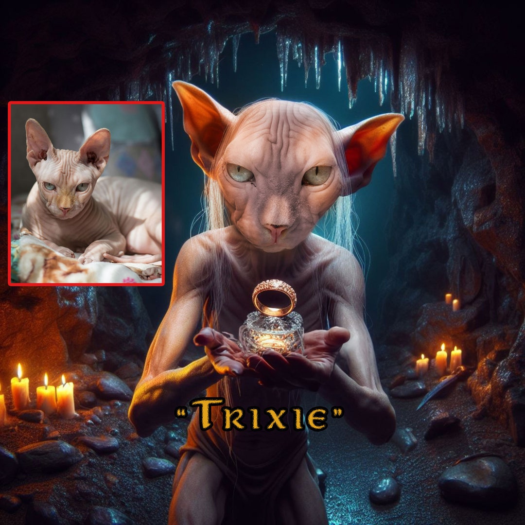 Custom Hairless Sphynx Cat as Gollum Digital Art Personalized Pet ...