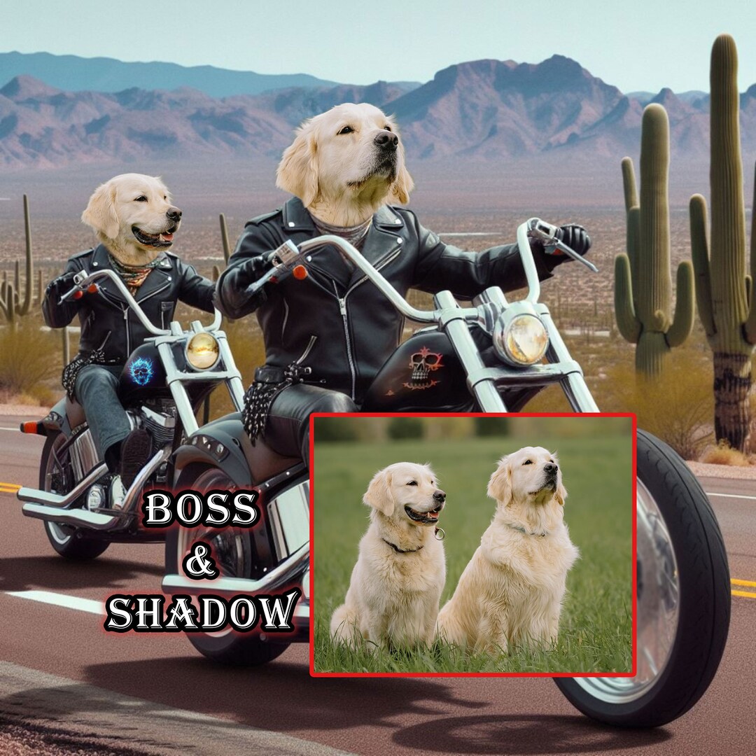 2 Dogs on Motorbikes Custom Pet Portrait From Photo, Two Biker Dogs ...