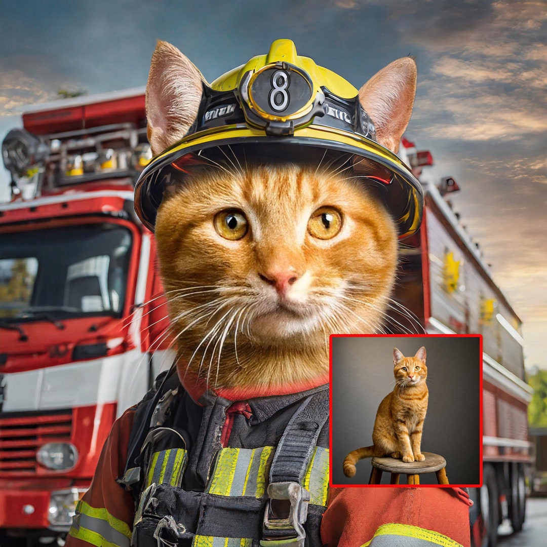 Custom Firefighter Orange Tabby Cat Portrait From Photo, Digital Wall ...