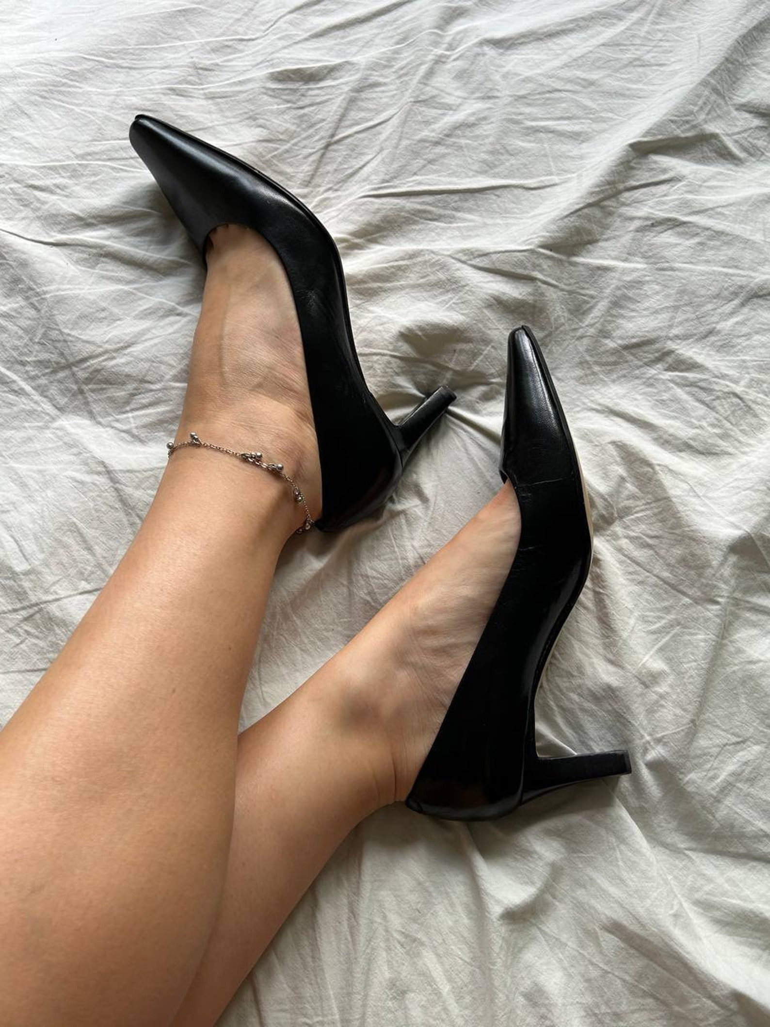 Vintage Pointy Toe Shoes Heels Black US 5.5 UK 3 EU 36 Leather Shoes ...