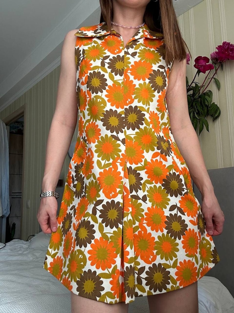 Vintage Girls Cocktail 60s Boho Retro Dress, Orange Handmade Flower ...