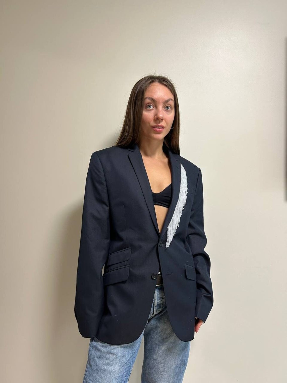 Blue Upcycled Woman Blazer Handmade, Oversized Designer Blazer, Vintage ...