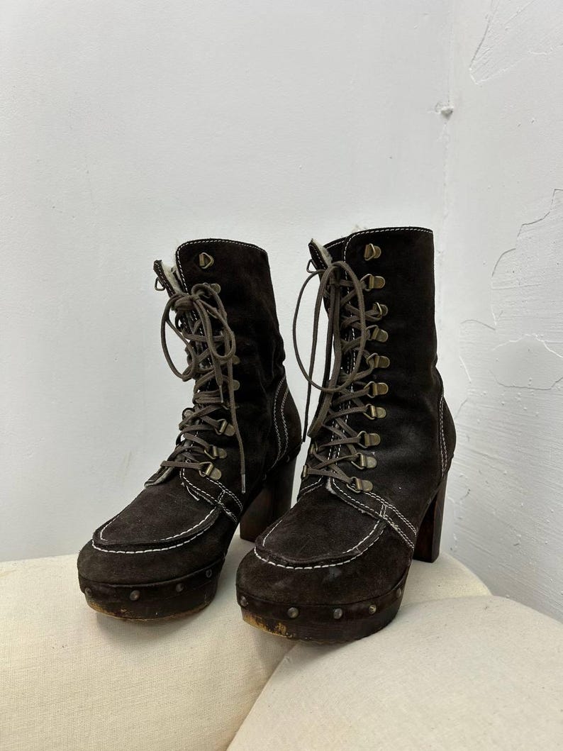 Wood Combat Platform Boots , Brown Cowboy Boho Wooden Tiki Shoes, Real ...