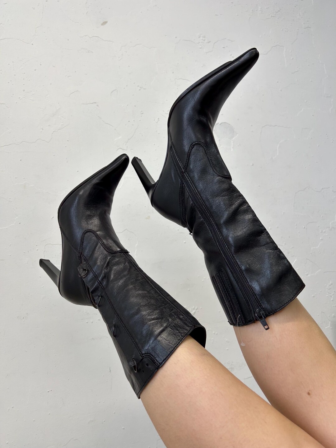 Y2K Vintage Heels Boots, Women Leather Square Toe Boots, Ankle Platform ...