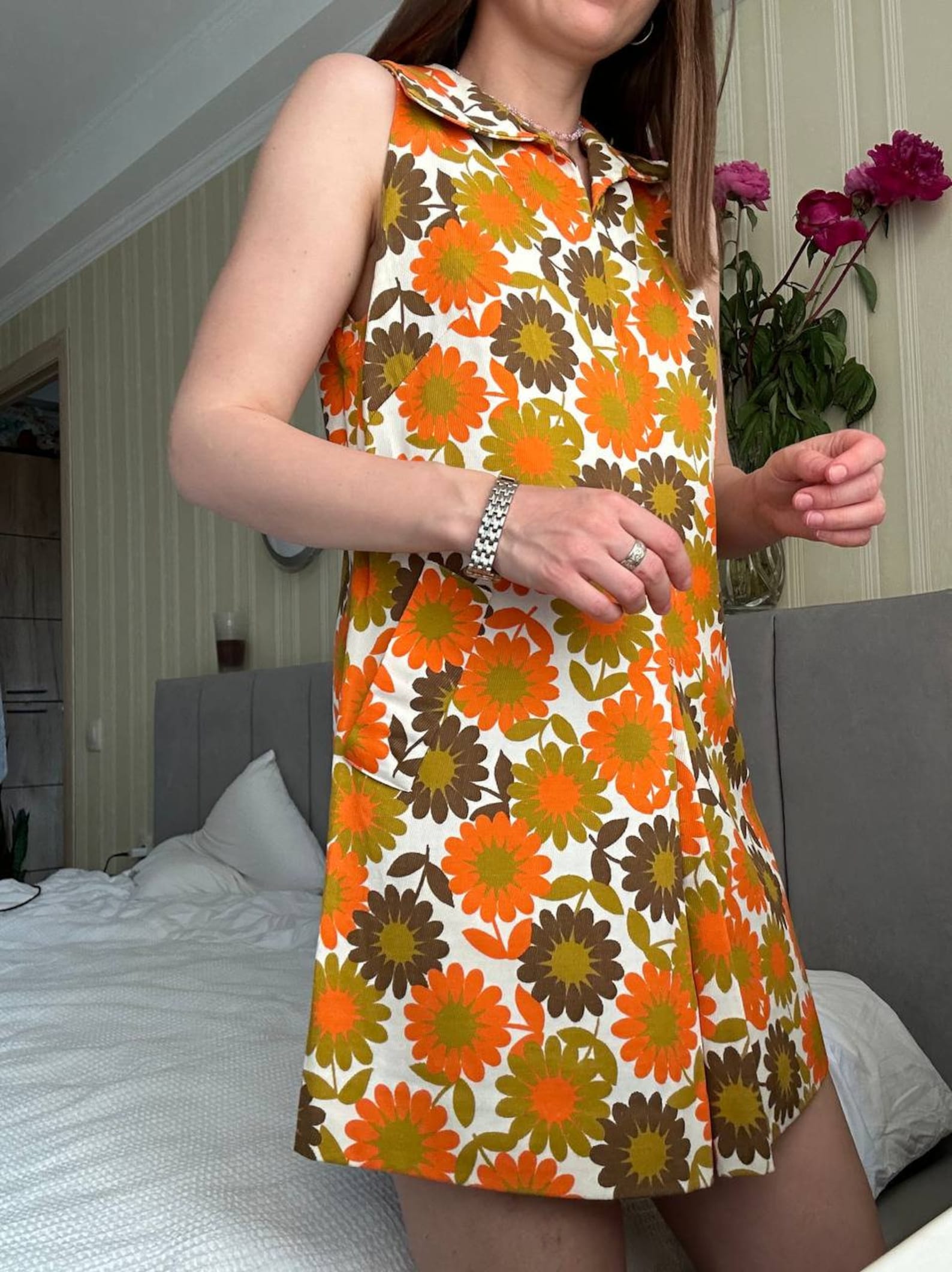 Vintage Girls Cocktail 60s Boho Retro Dress, Orange Handmade Flower ...