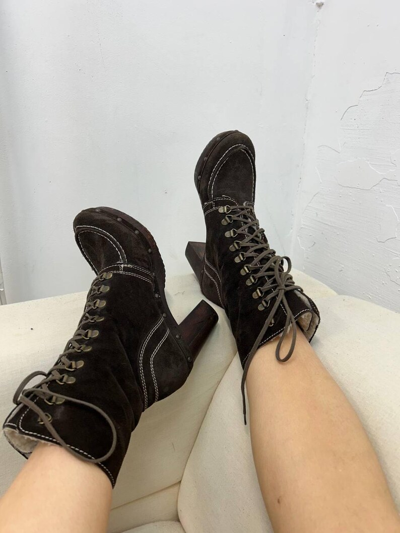 Wood Combat Platform Boots , Brown Cowboy Boho Wooden Tiki Shoes, Real ...