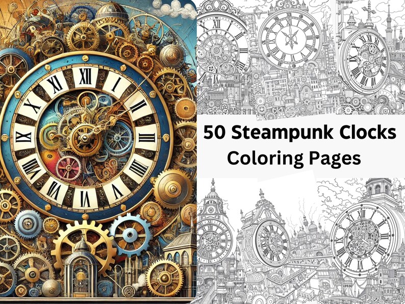 50 Futuristic Steampunk Clocks Coloring Book Fantasy Industrial ...