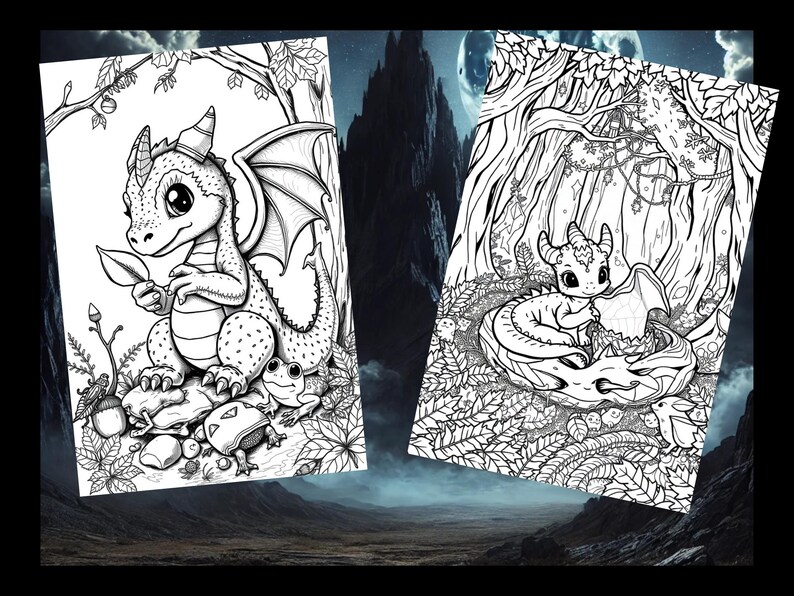 Baby Dragon Coloring Pages Printable Fantasy Adult Coloring Book Art ...