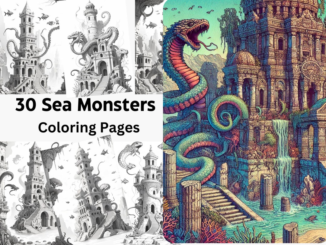 30 Sea Monsters Coloring Pages, Sea Creatures Digital Grayscale ...