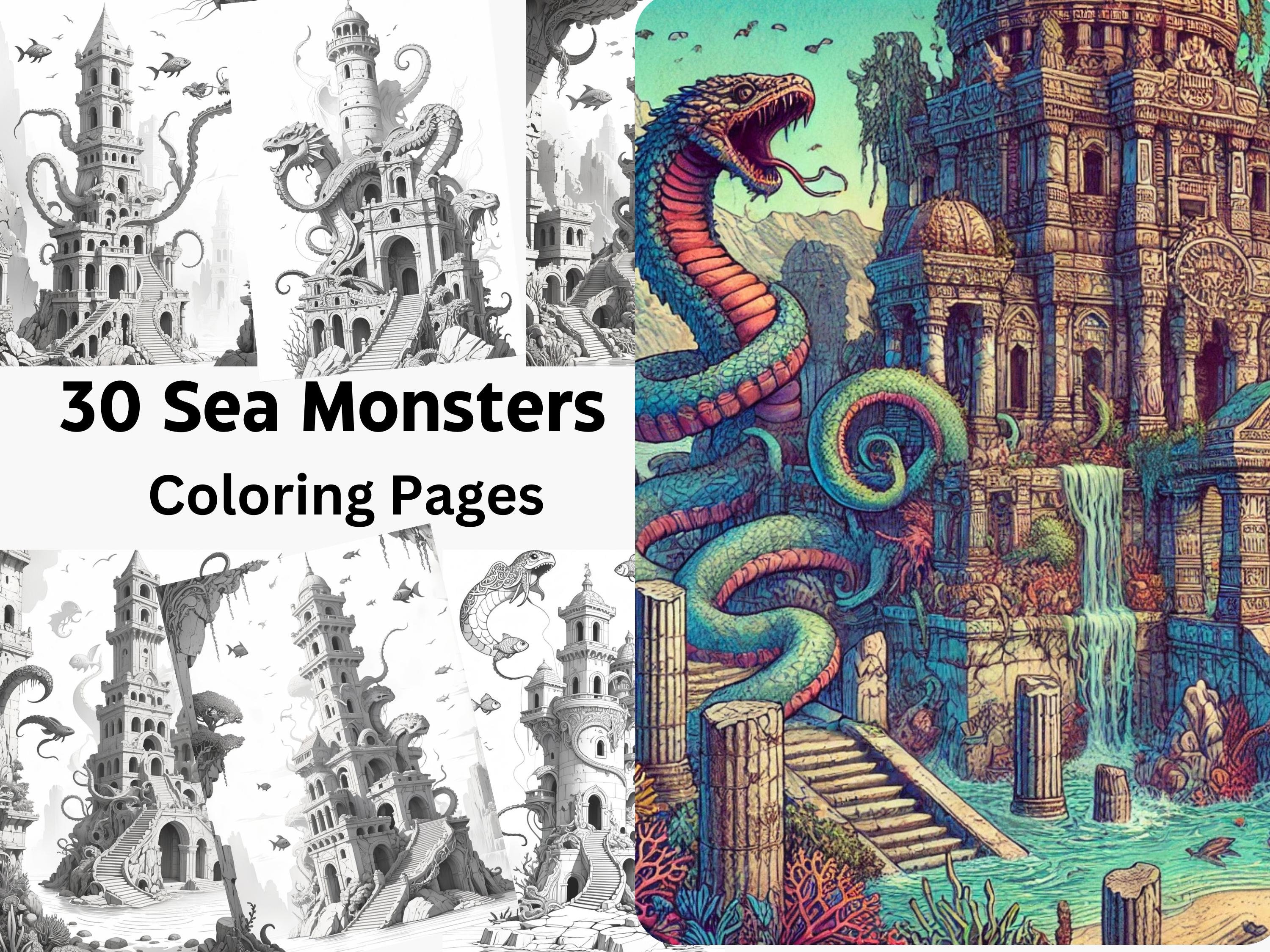 30 Sea Monsters Coloring Pages, Sea Creatures Digital Grayscale ...