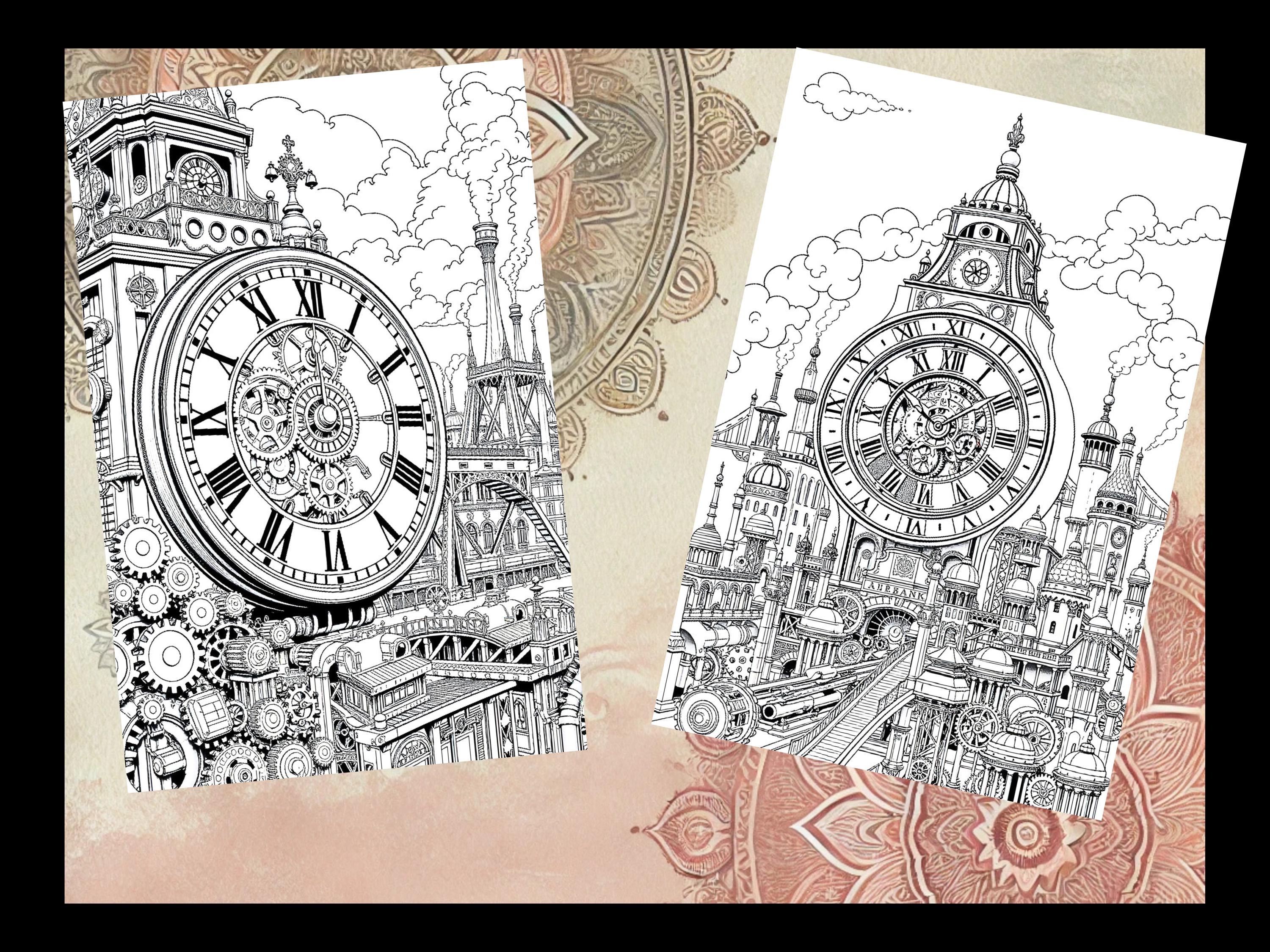 50 Futuristic Steampunk Clocks Coloring Book Fantasy Industrial ...
