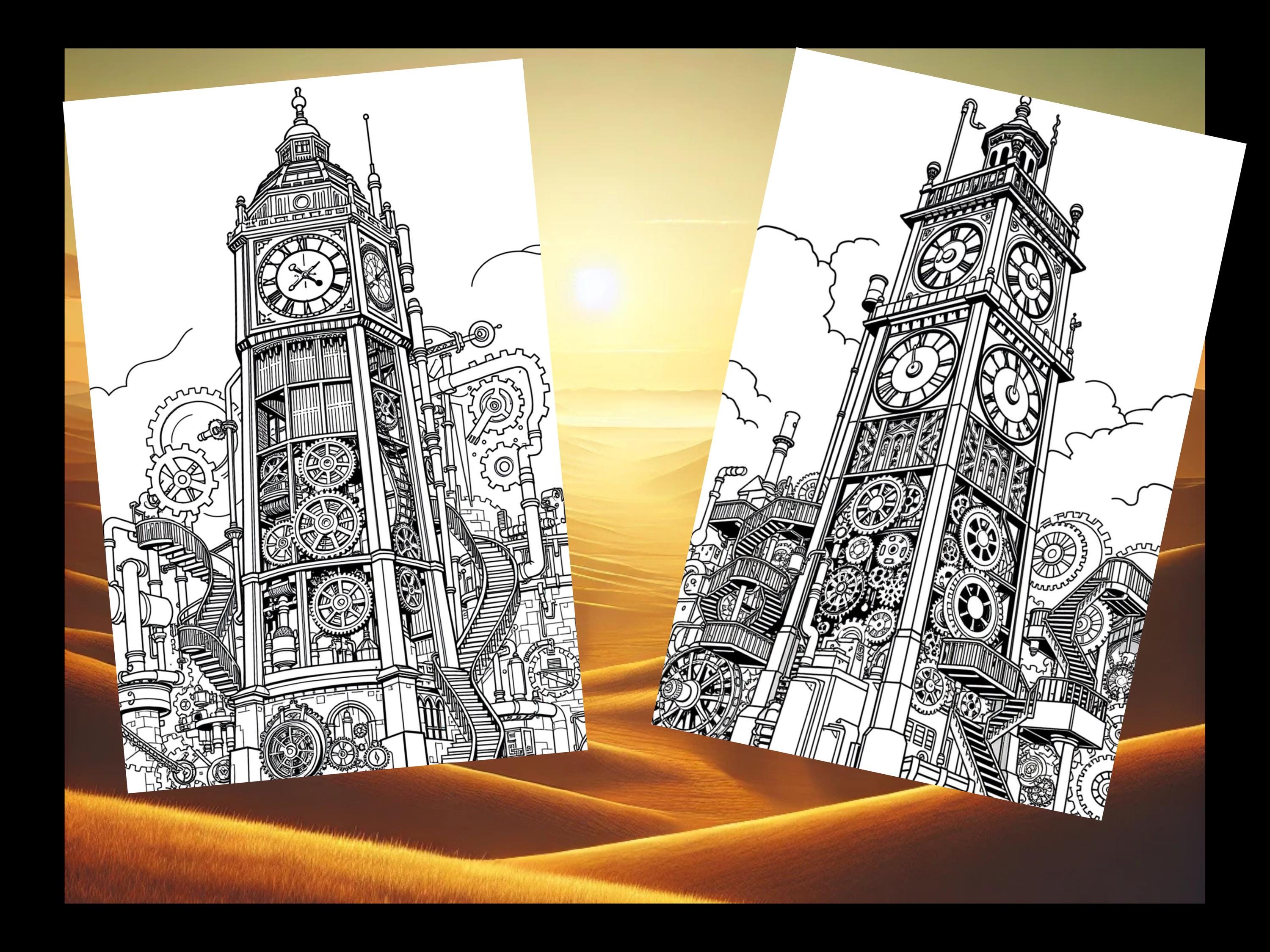 Clocktowers Coloring Book Gears Coloring Sheets Clock Tower Steampunk ...