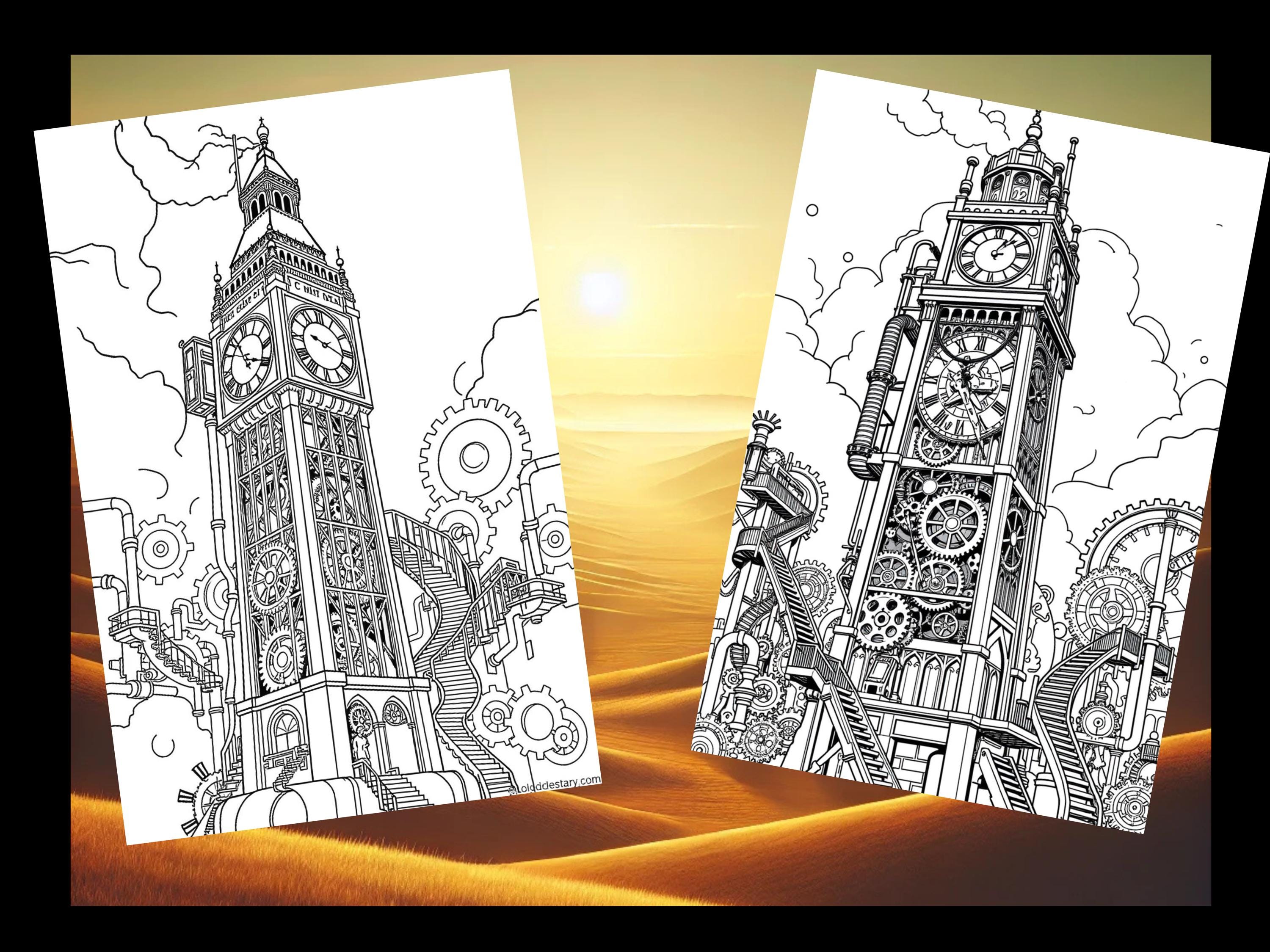 Clocktowers Coloring Book Gears Coloring Sheets Clock Tower Steampunk ...