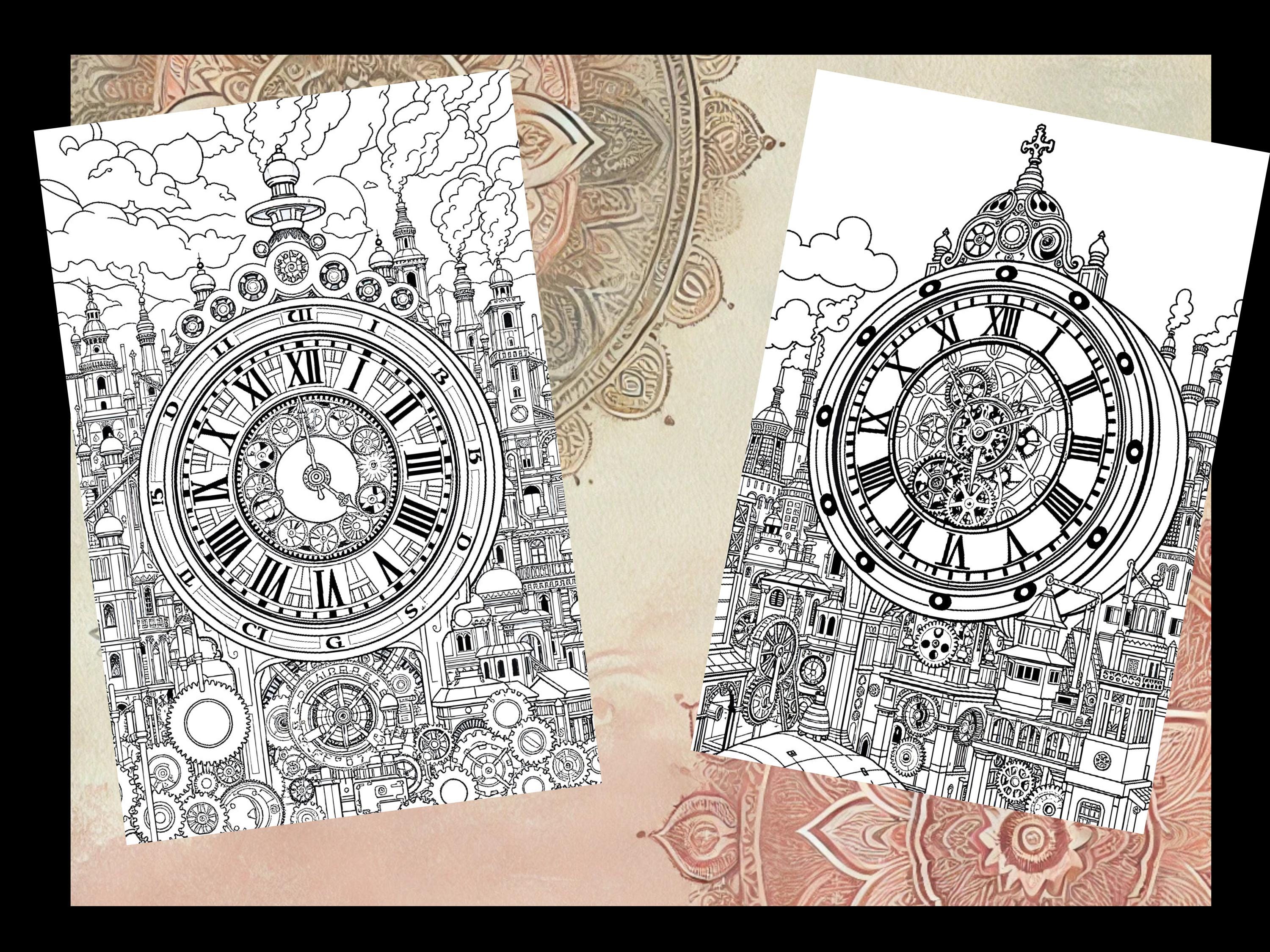 50 Futuristic Steampunk Clocks Coloring Book Fantasy Industrial ...