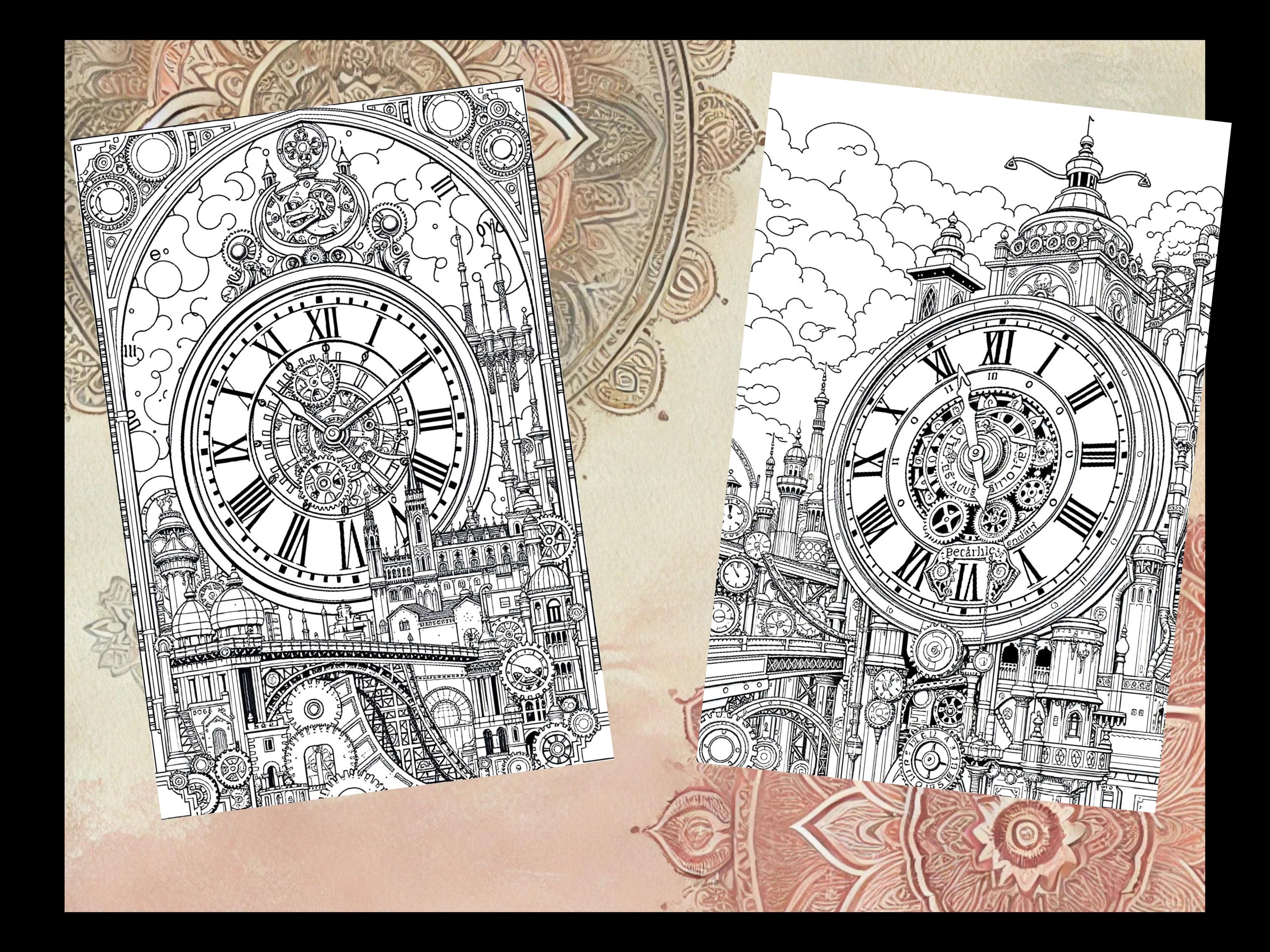 50 Futuristic Steampunk Clocks Coloring Book Fantasy Industrial ...
