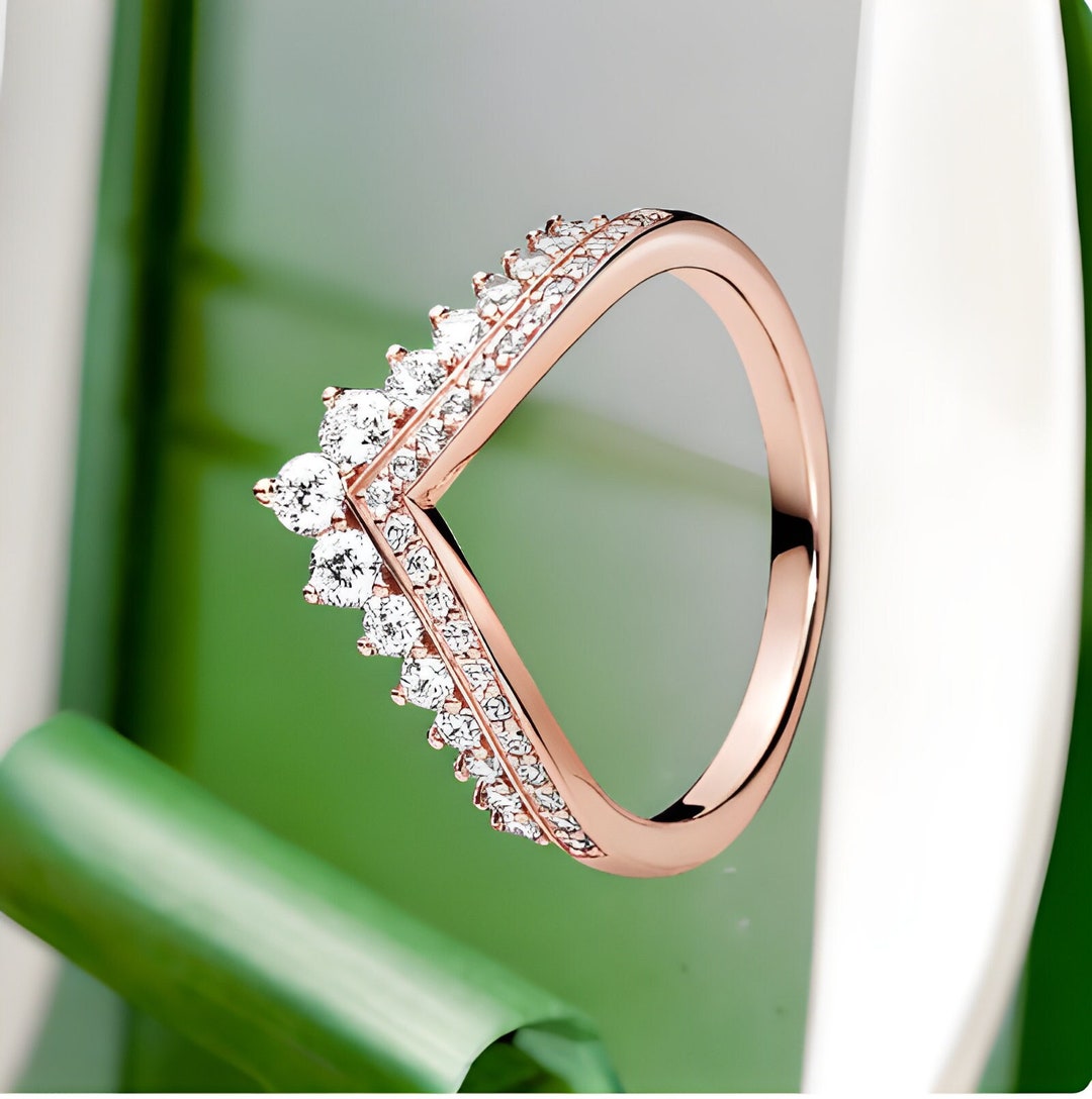 Sparkling Princess Wishbone Ring, Rose Gold Colour Women's Ring, Cubic ...