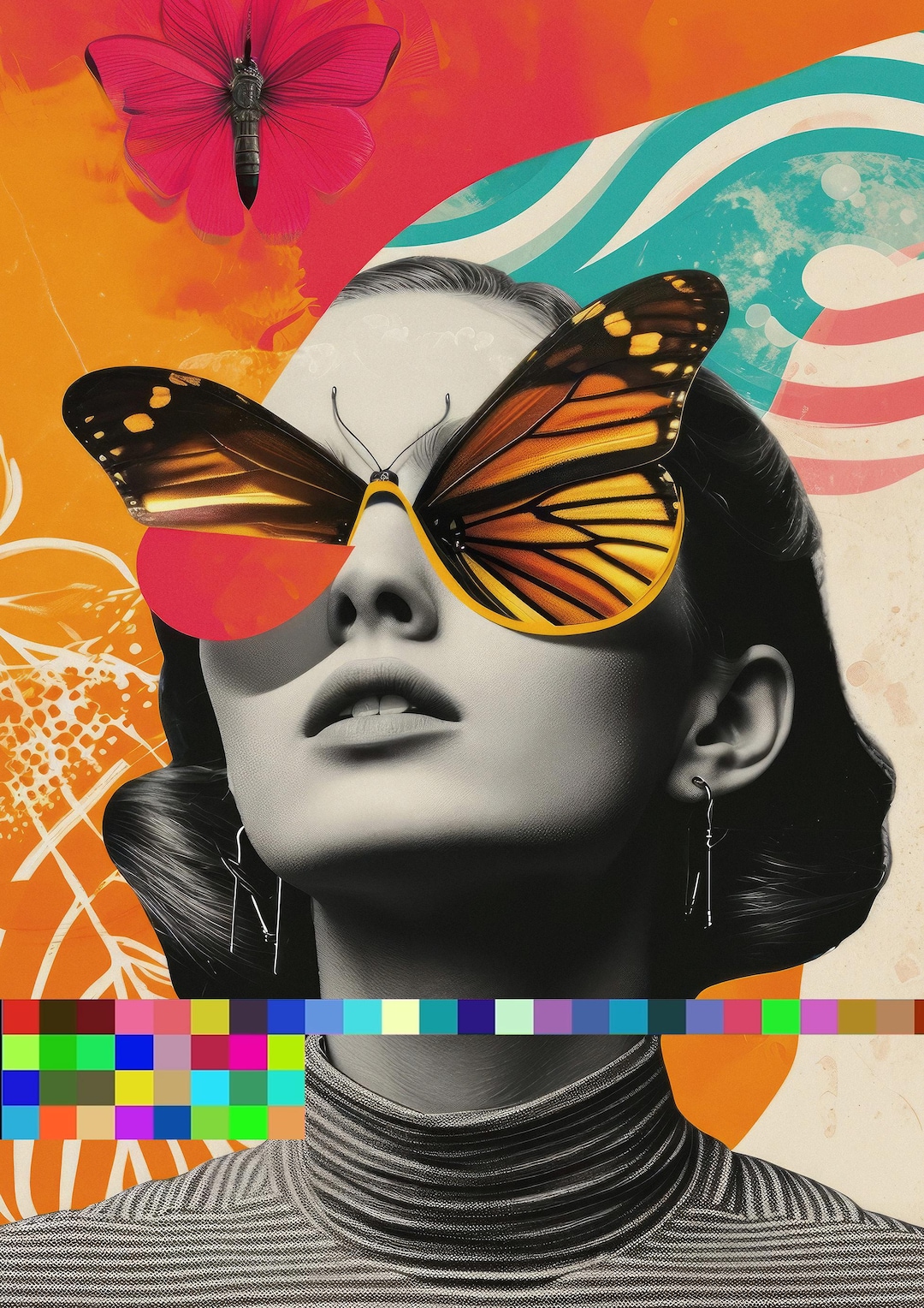 Vintage Collage Style Poster Design, Woman and Colorful Butterfly ...