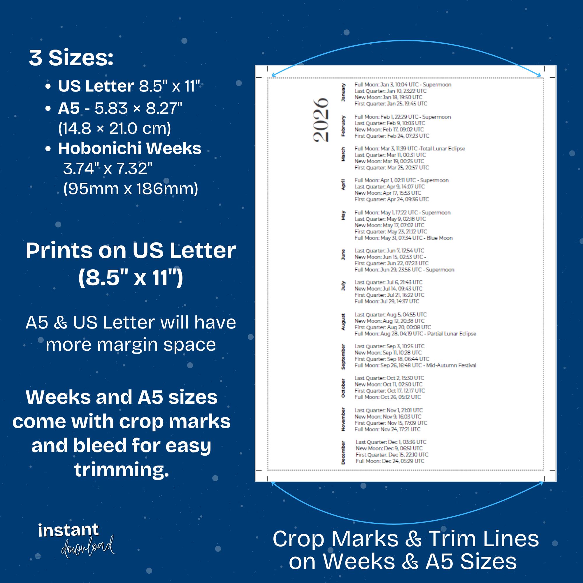 2026 Lunar Calendar Moon Phases Printable | Full Moons Eclipses Meteor ...