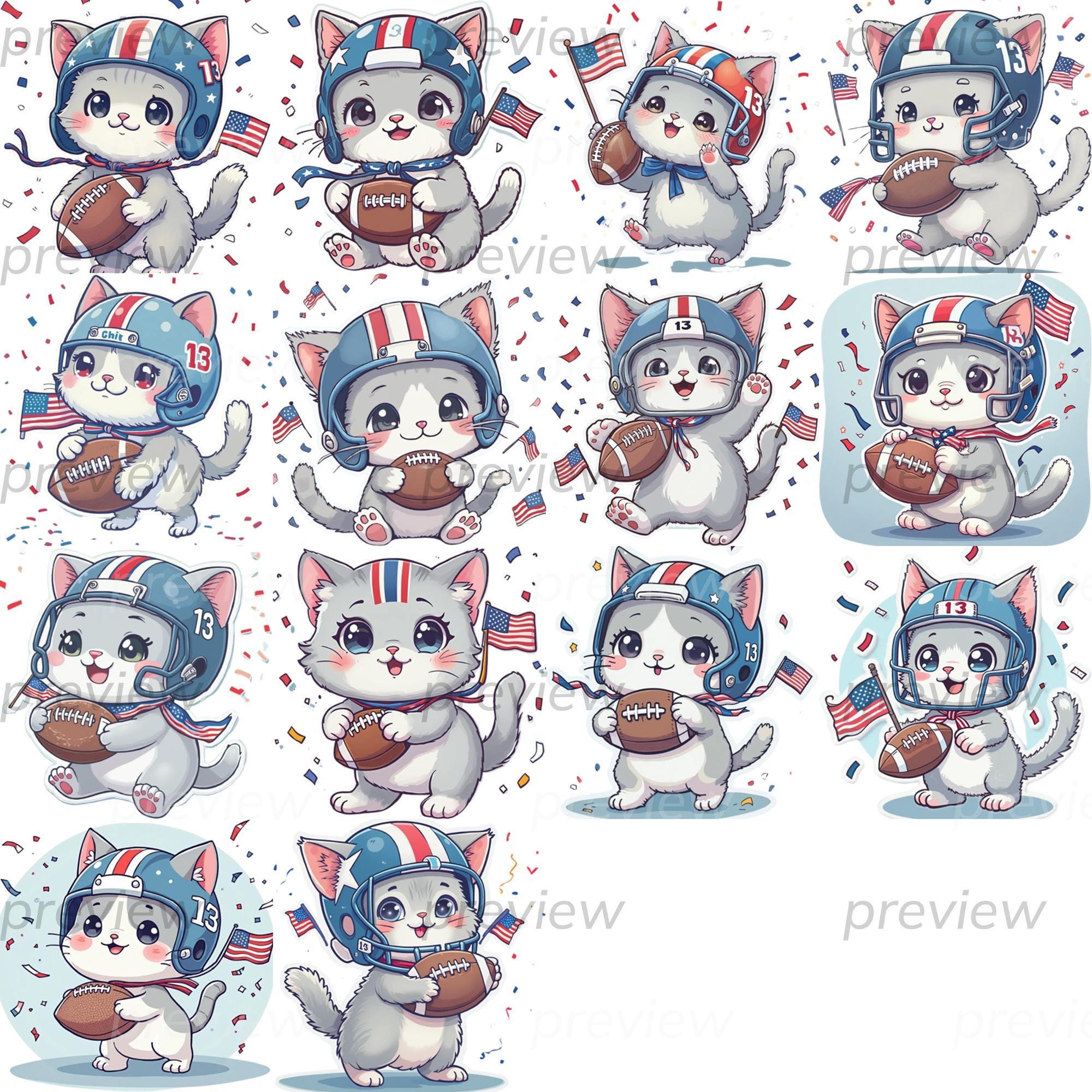 Adorable American Football Cat Clipart - Red White Blue Instant ...