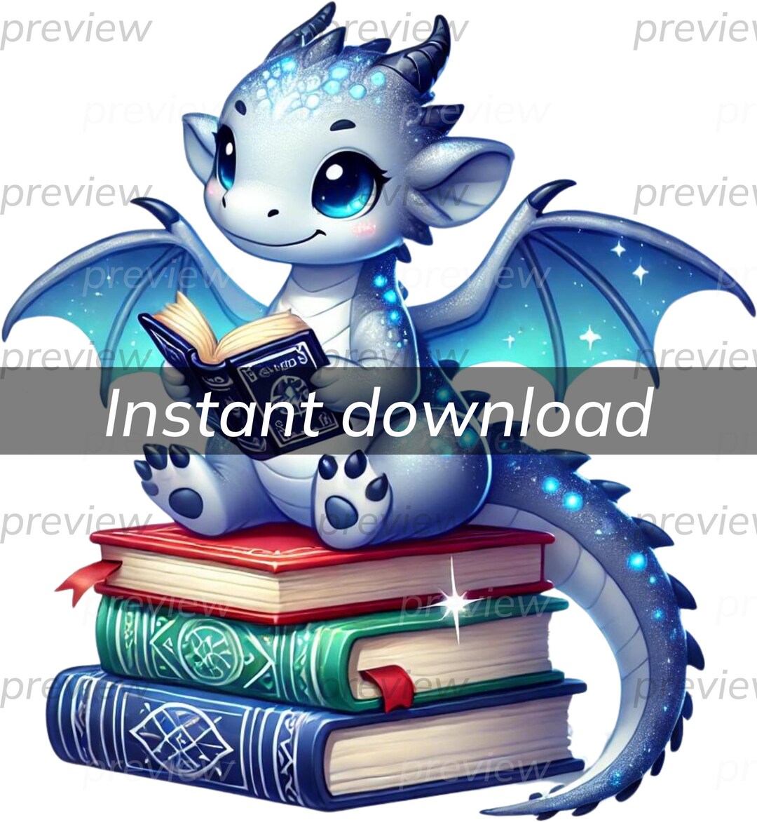 Adorable Blue Dragon Reading Books Digital Art Printable Instant ...