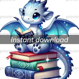 Adorable Blue Dragon Reading Books Digital Art Printable Instant ...