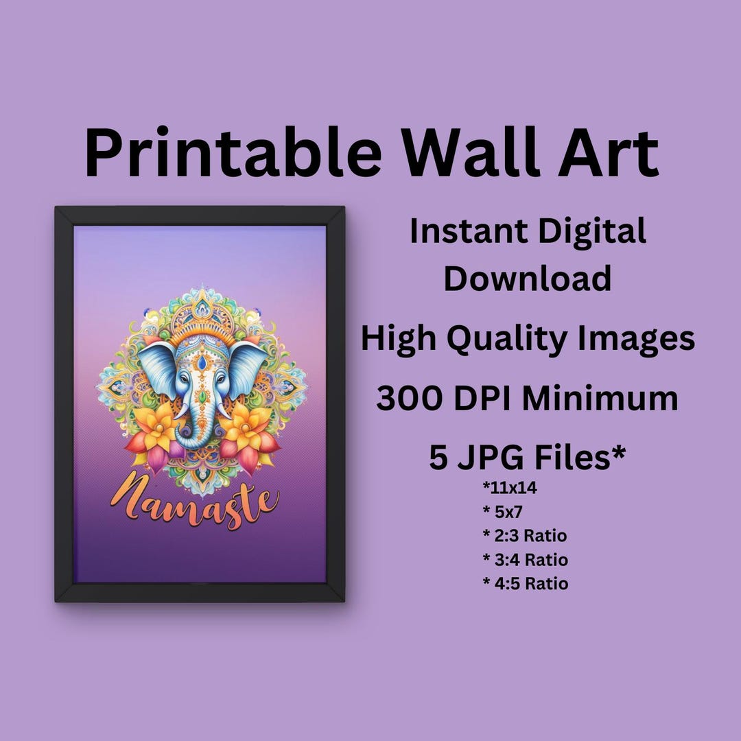 Colorful Elephant Namaste Art Print - Purple Background Digital Wall ...