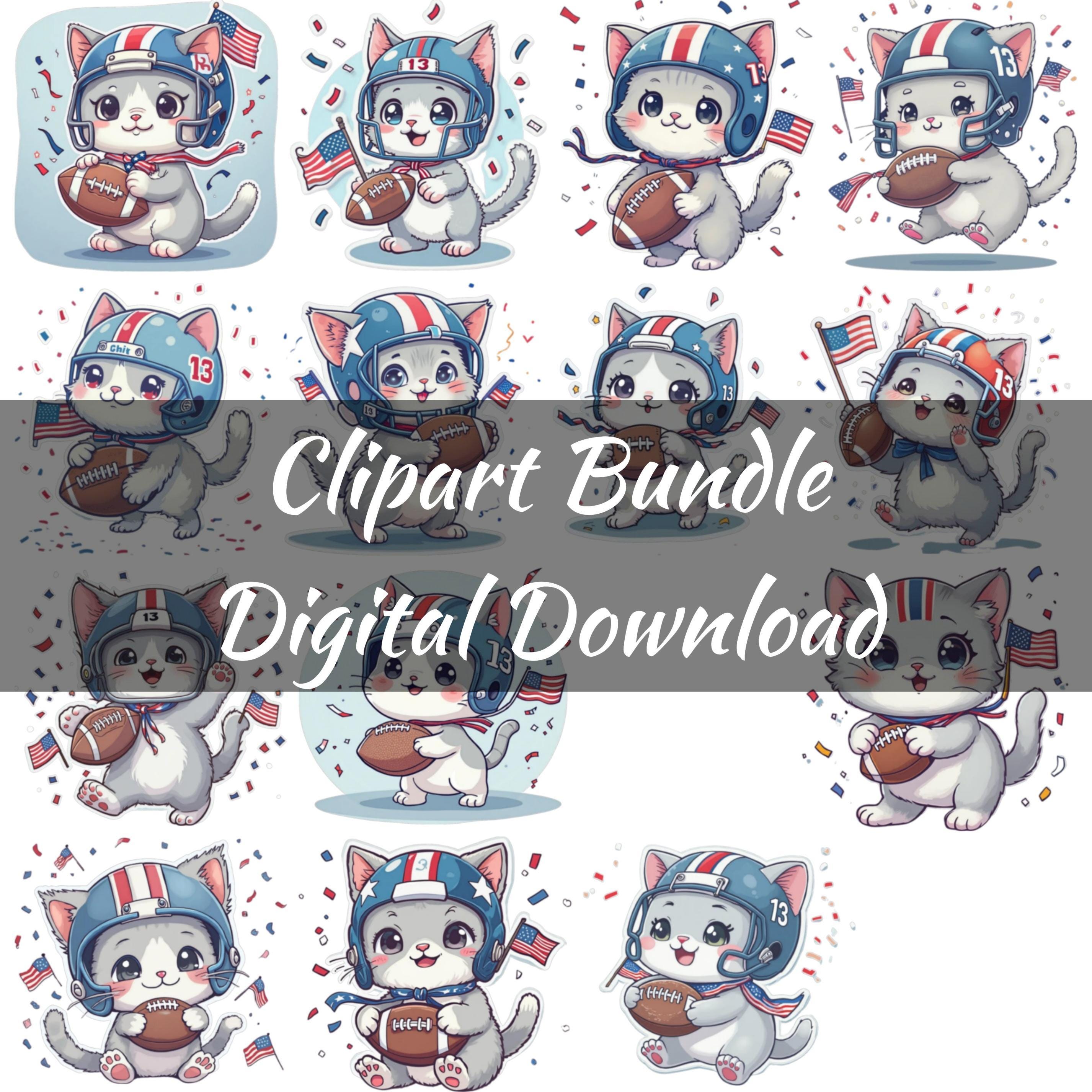 Adorable American Football Cat Clipart - Red White Blue Instant ...