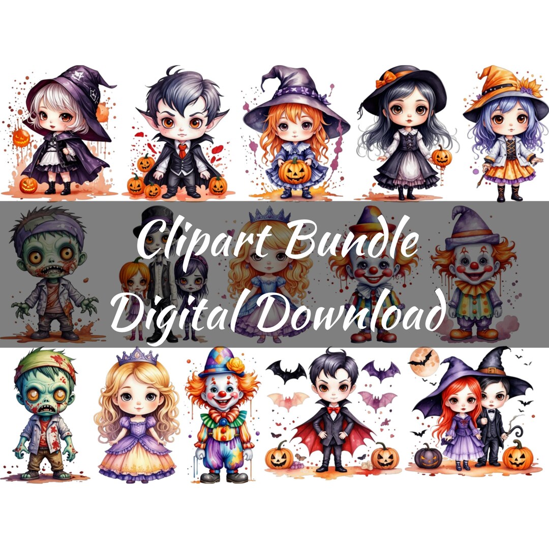 Chibi Halloween Clipart PNG - Cute Witch, Princess, Zombie, Clown ...