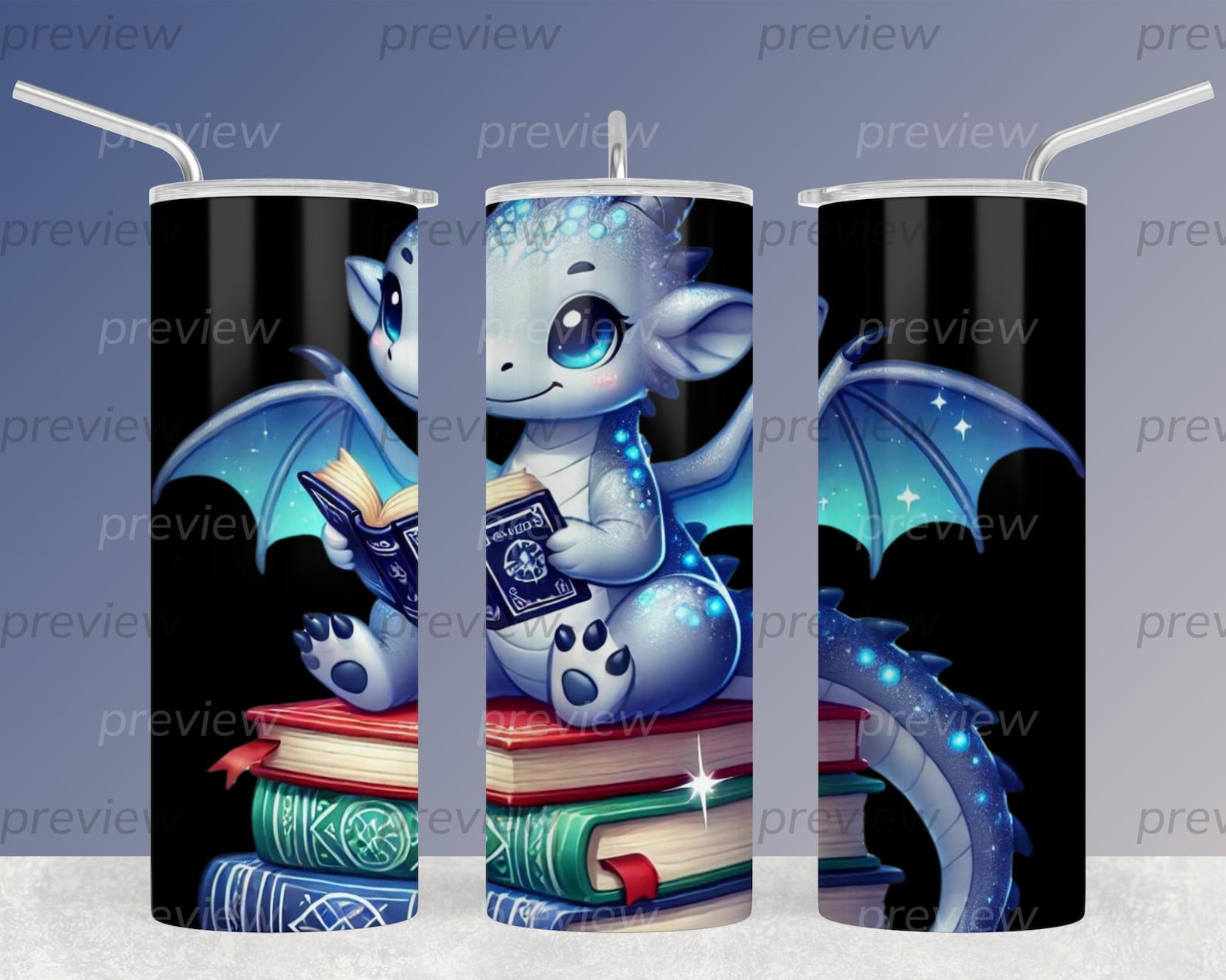 Adorable Blue Dragon Reading Books Digital Art Printable Instant ...