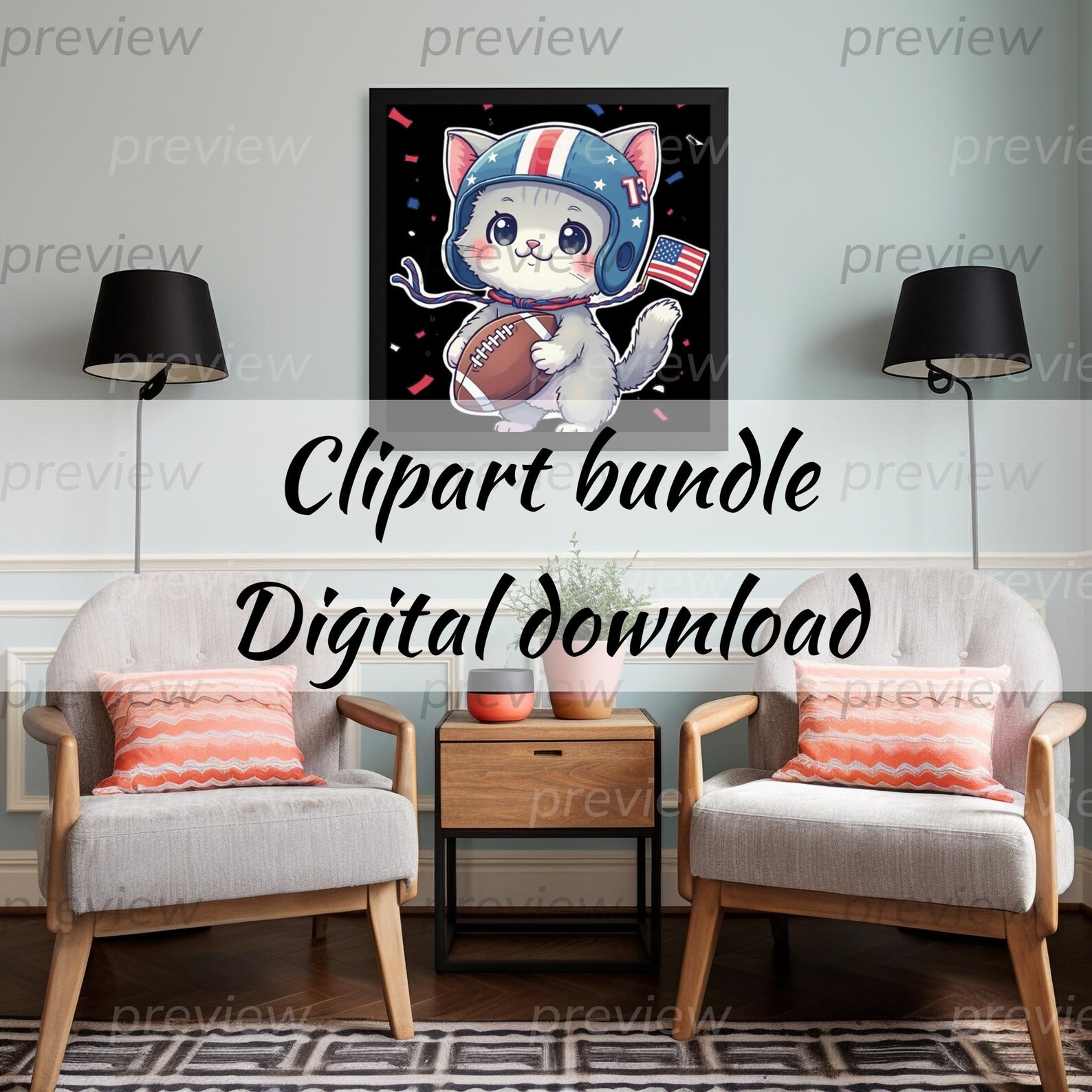 Adorable American Football Cat Clipart - Red White Blue Instant ...