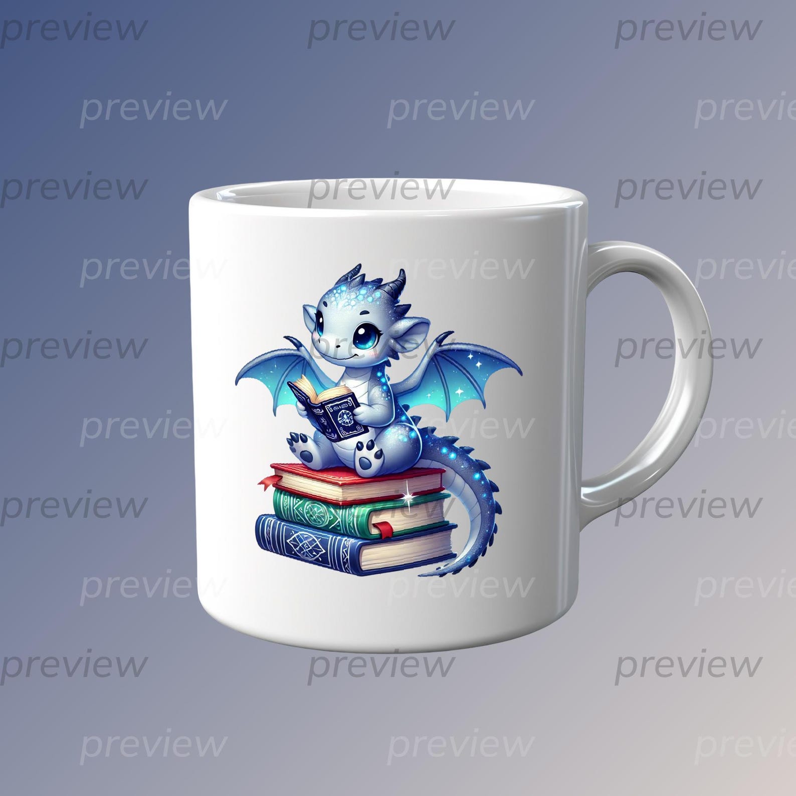 Adorable Blue Dragon Reading Books Digital Art Printable Instant ...