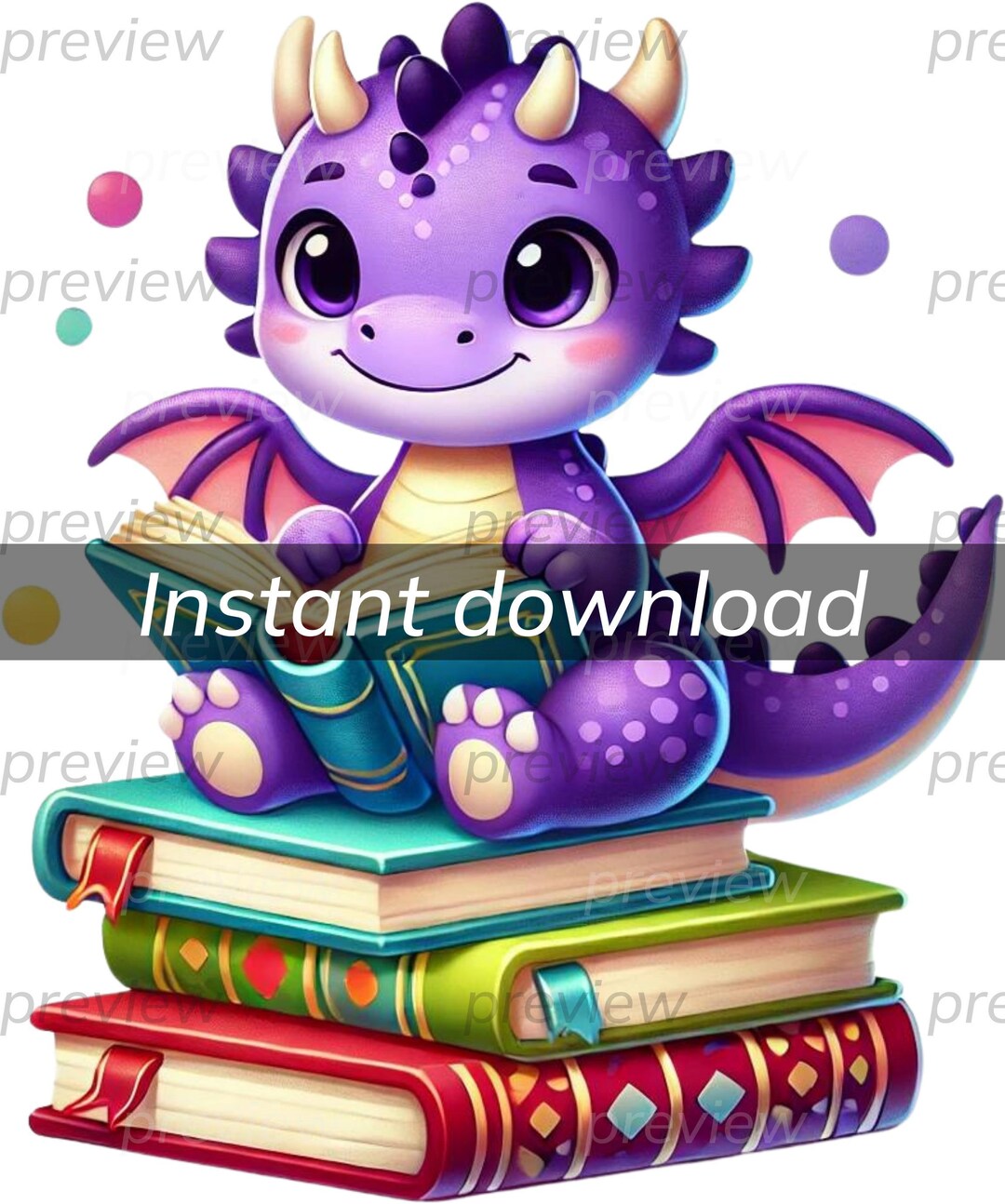 Adorable Purple Dragon Reading Books Clipart - Digital Art Printable ...