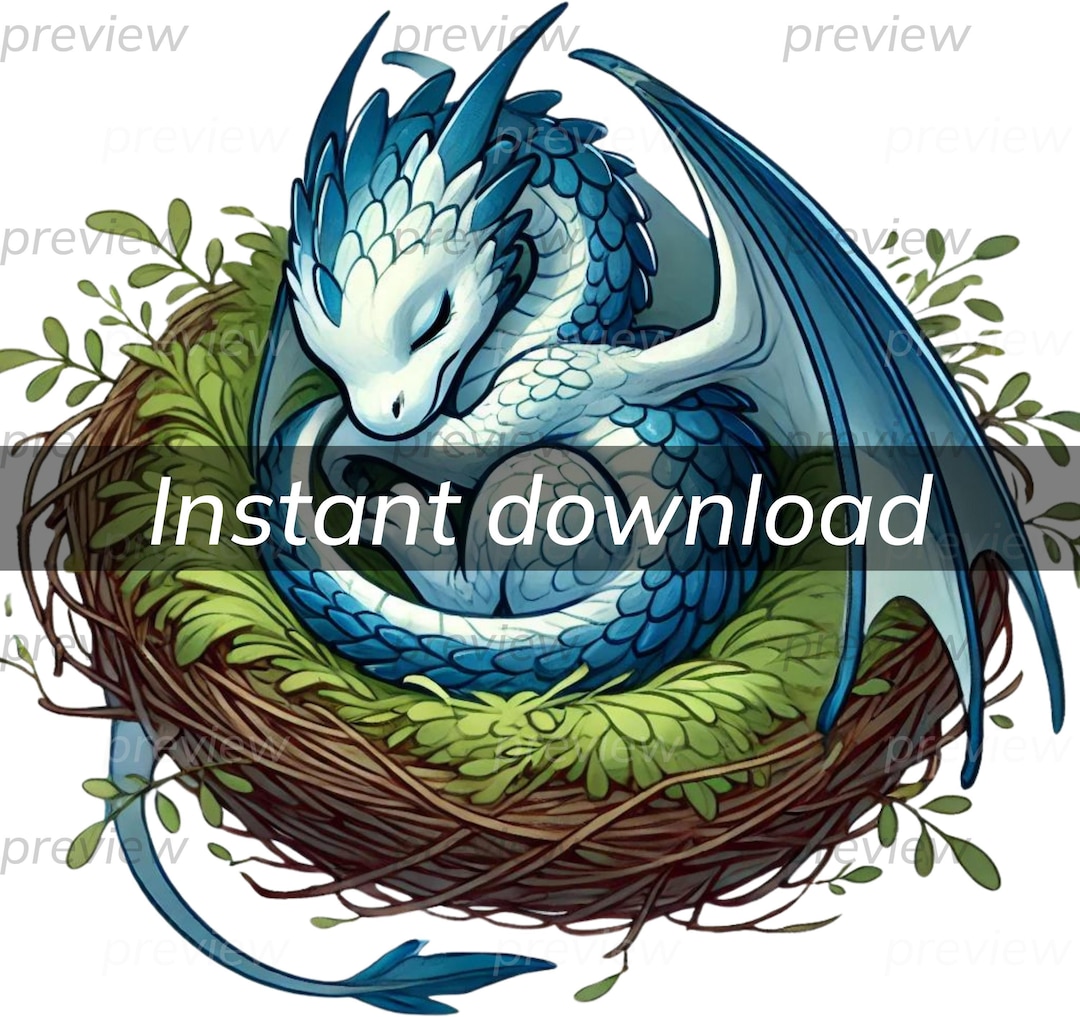 Whimsical Blue Sleeping Dragon Digital Art Printable Instant Download ...
