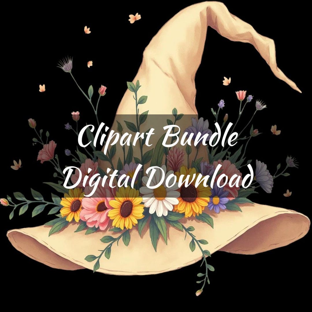 Cottagecore Witch Hat Clipart Bundle: Floral PNG Designs (digital ...