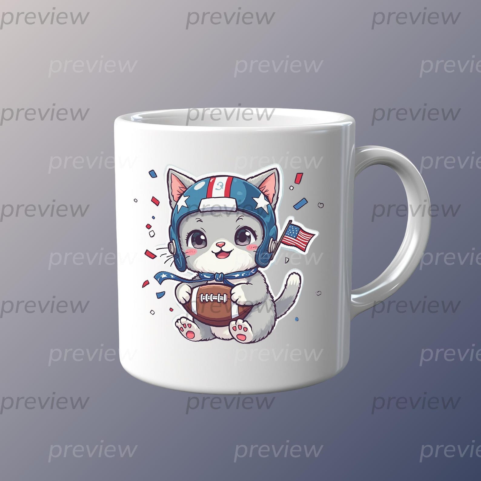 Adorable American Football Cat Clipart - Red White Blue Instant ...