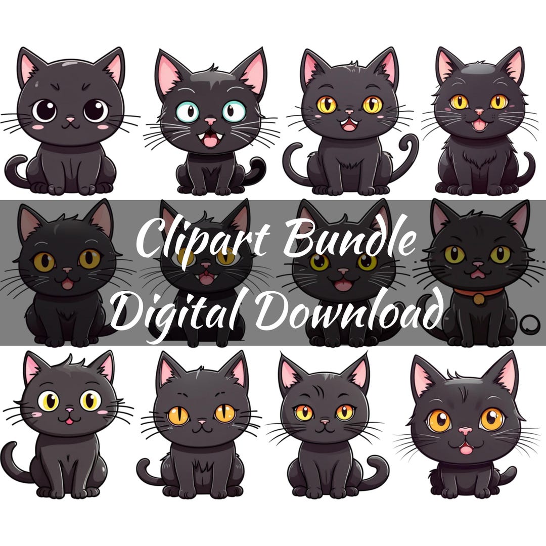 Cute Black Cat Clipart Instant Download Sublimation Design for Crafting ...
