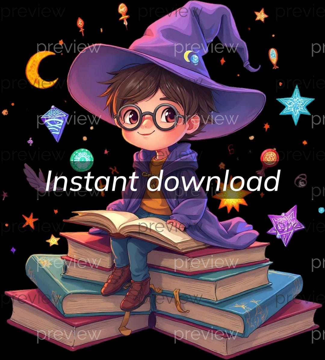 Whimsical Wizard Child Book Lover Clipart - Colorful Magical ...