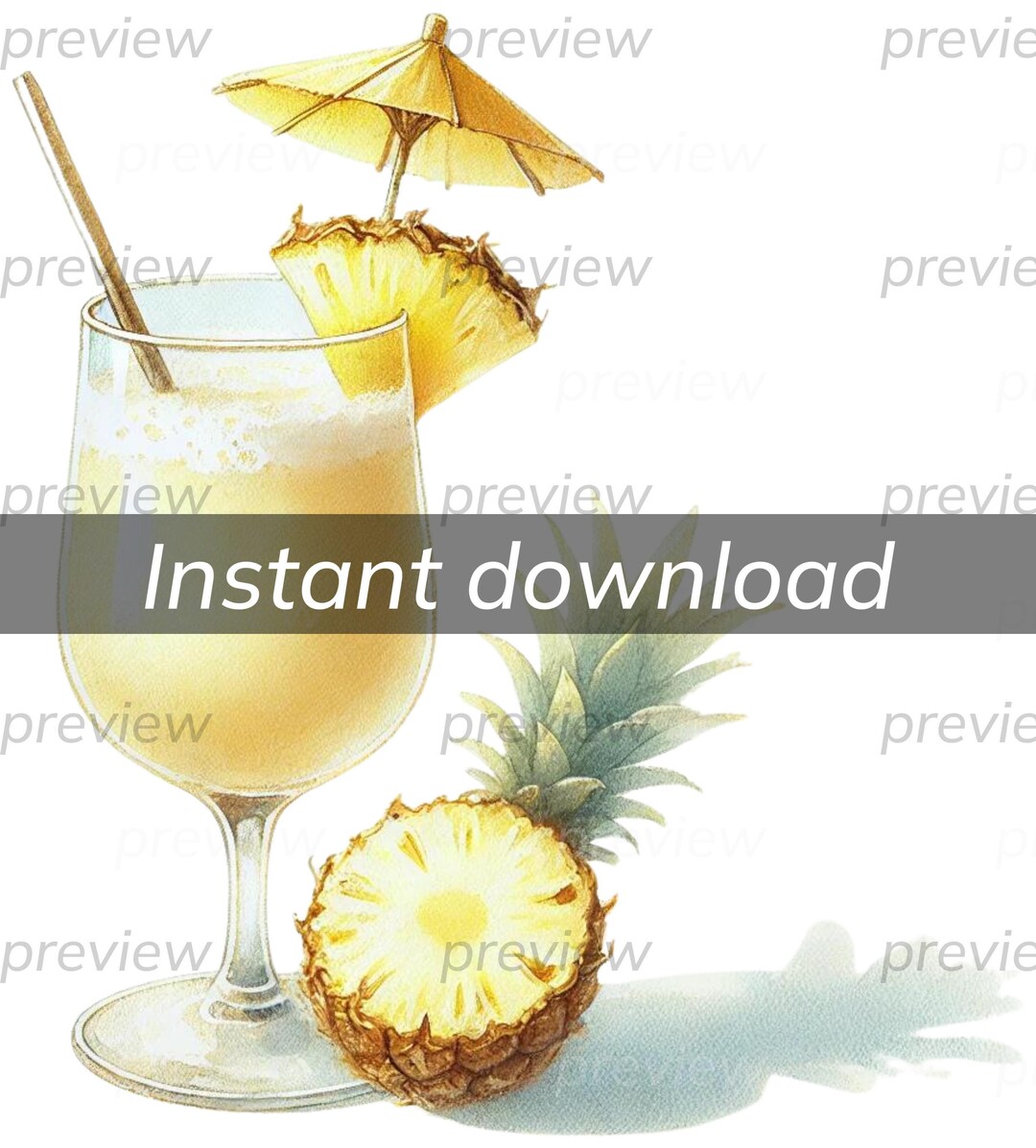 Tropical Pina Colada Watercolor Clipart - Instant Download for POD ...