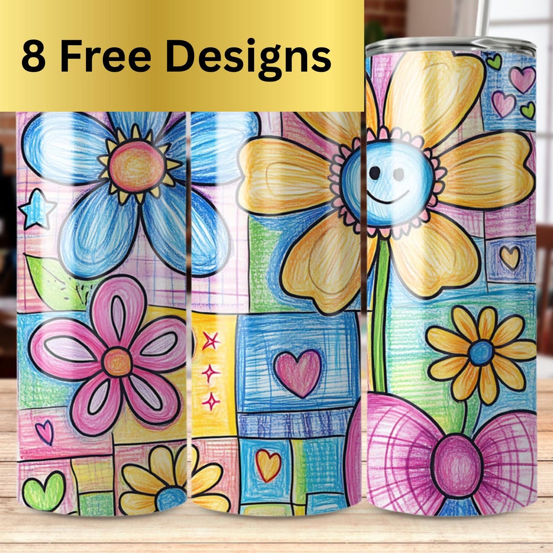 Doodle Flower Tumbler Wrap PNG: Boho Sublimation Design (digital ...
