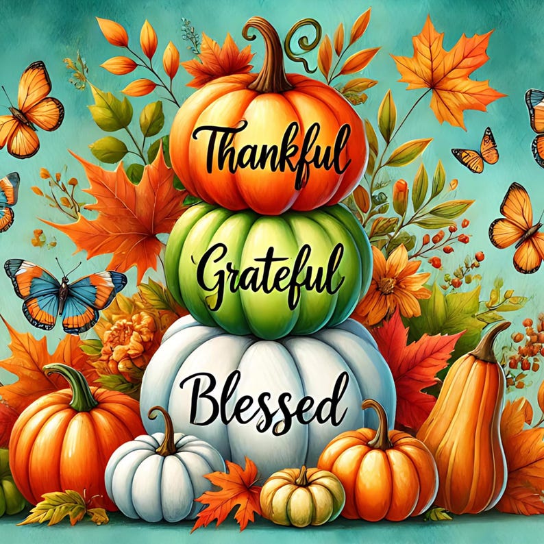 Thankful Grateful Blessed Tumbler Wrap, 20 Oz Skinny Tumbler Sublimation Design, Pumpkins PNG ...