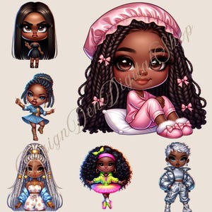 Black Chibi Girl Clipart PNG Bundle, Afro Girl Digital Stickers, Cute ...