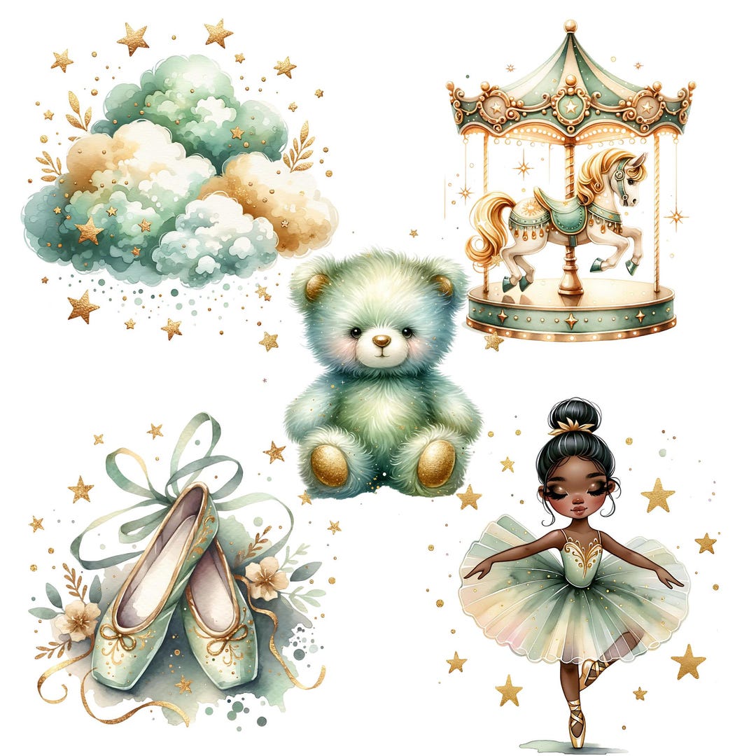 Watercolor Sage Green Carousel Clipart, Whimsical Ballerina Carousel Magical Graphic, Vintage ...