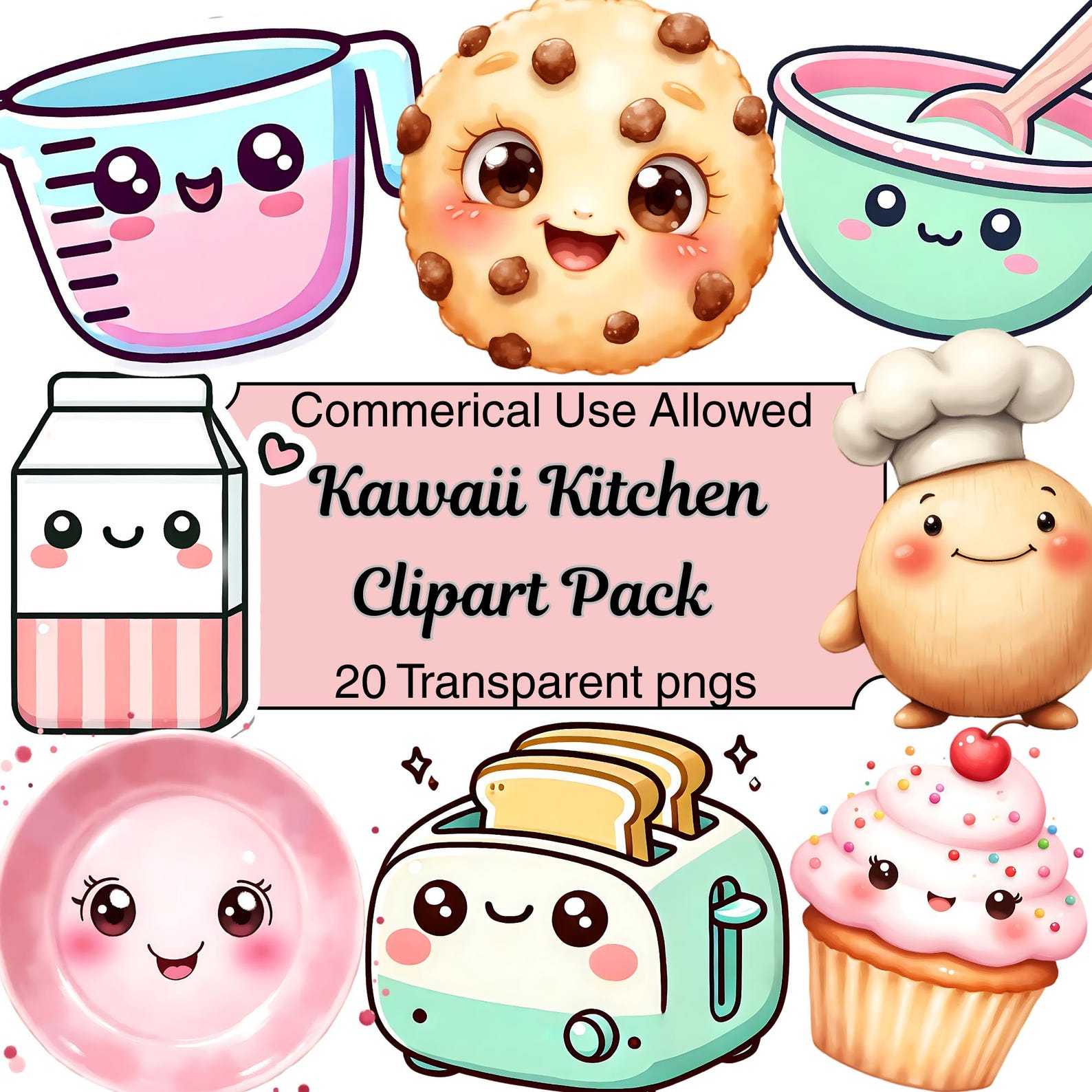 Kawaii Kitchen Clipart: Cute Whimsical Cooking & Baking Tools, Fun Food ...