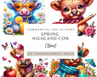 Spring Cute Cows Clipart, Cute Calves Clipart, Highland Cow PNG, Spring ...