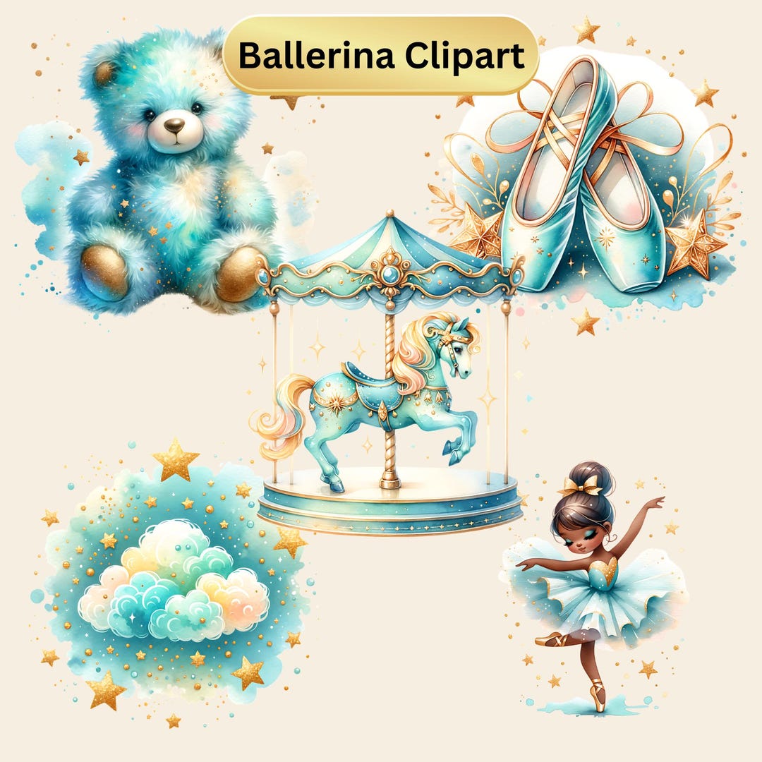 Watercolor Blue Carousel Clipart | Whimsical Ballerina & Vintage Pony ...