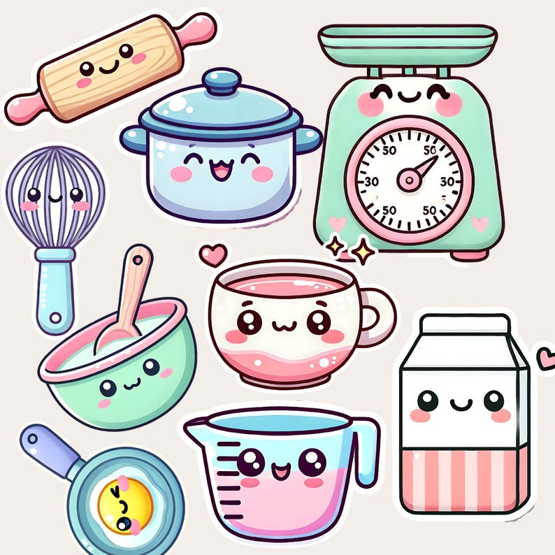 Kawaii Kitchen Clipart: Cute Whimsical Cooking & Baking Tools, Fun Food ...