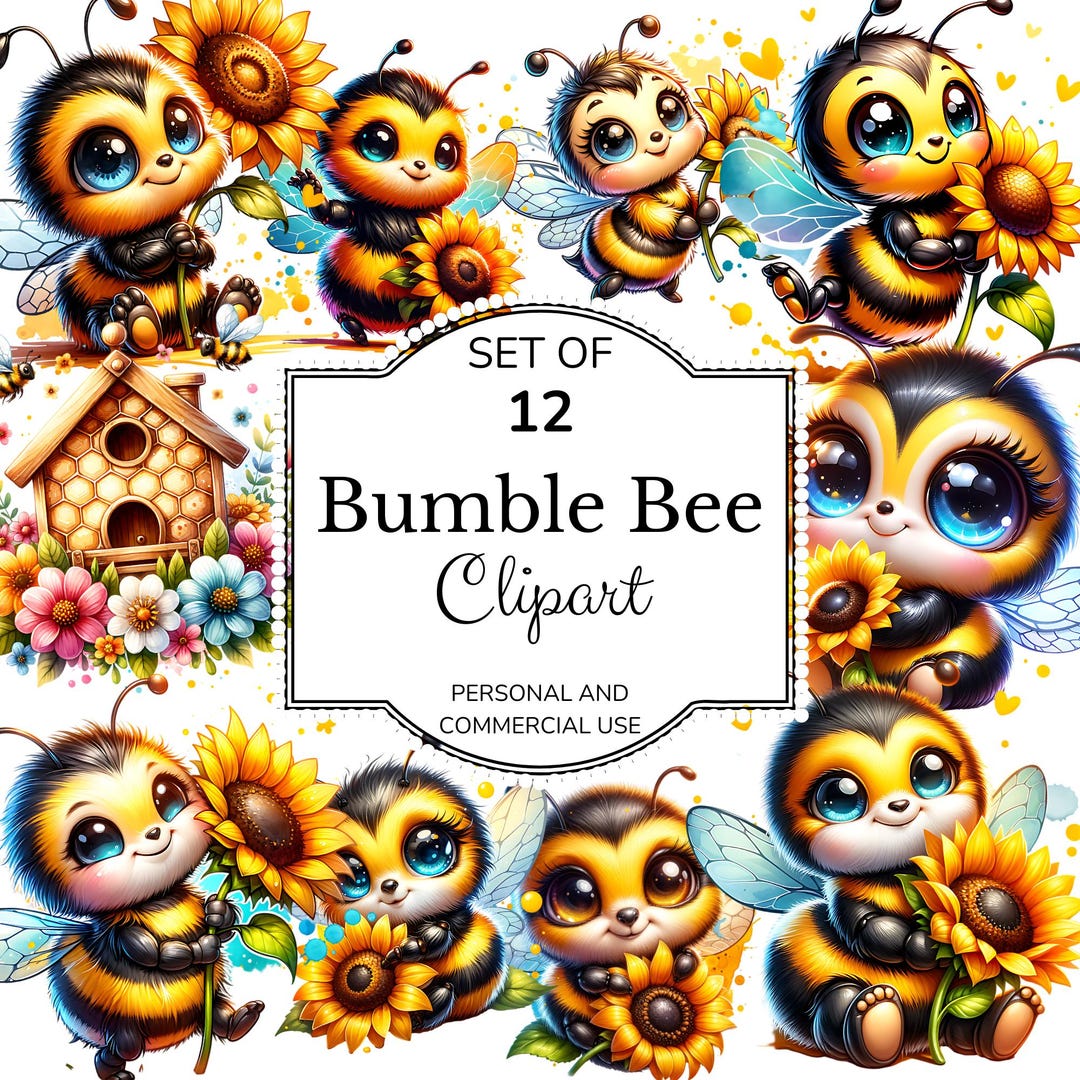 Cute Bumble Bees Clipart Bundle, Watercolor Honey Bee PNG (digital ...