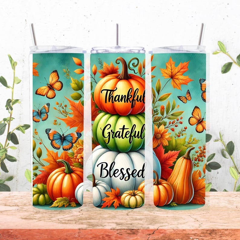 Thankful Grateful Blessed Tumbler Wrap, 20 Oz Skinny Tumbler Sublimation Design, Pumpkins PNG ...