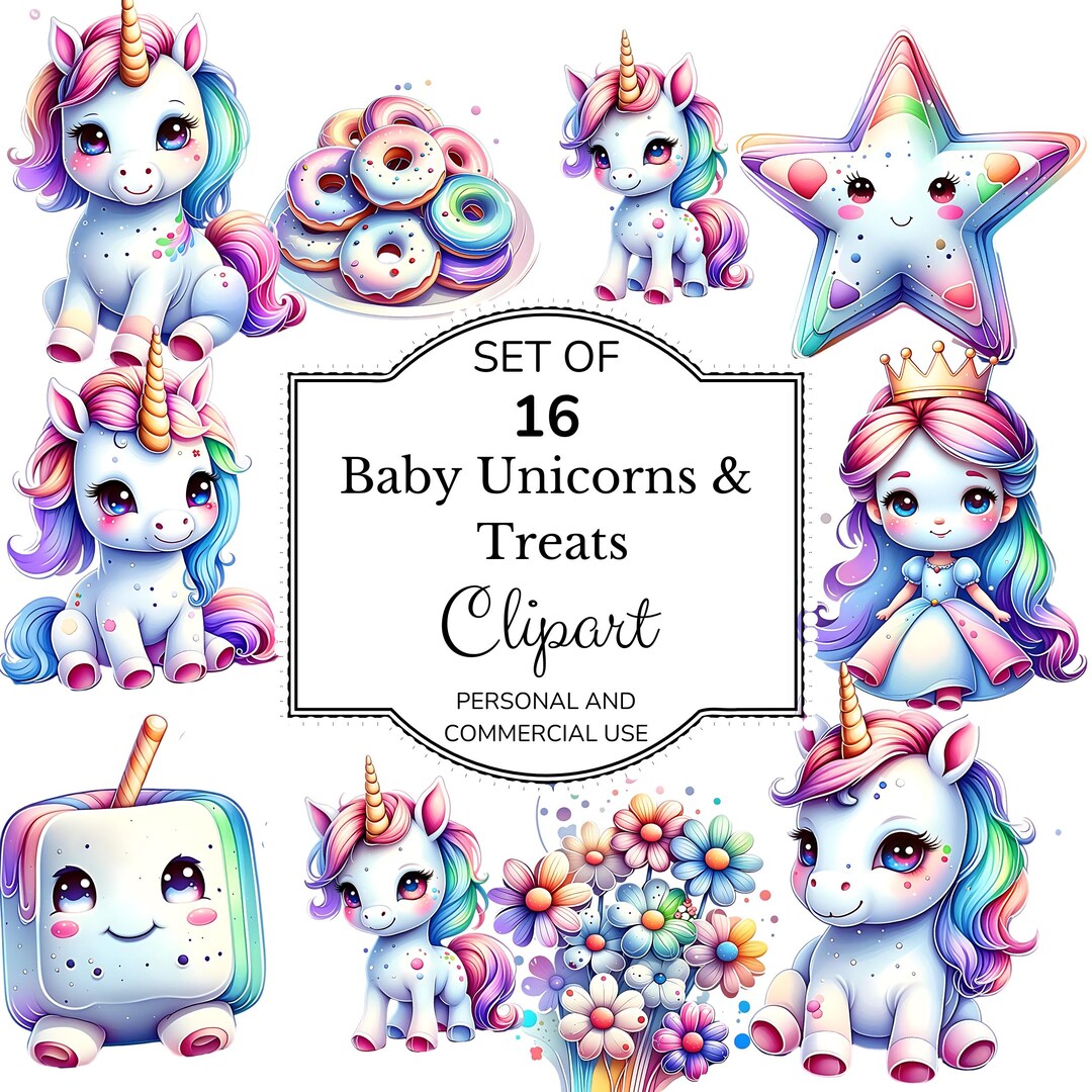 Kawaii Unicorn Clipart Set: Rainbow Treats, Princess Unicorn (digital ...